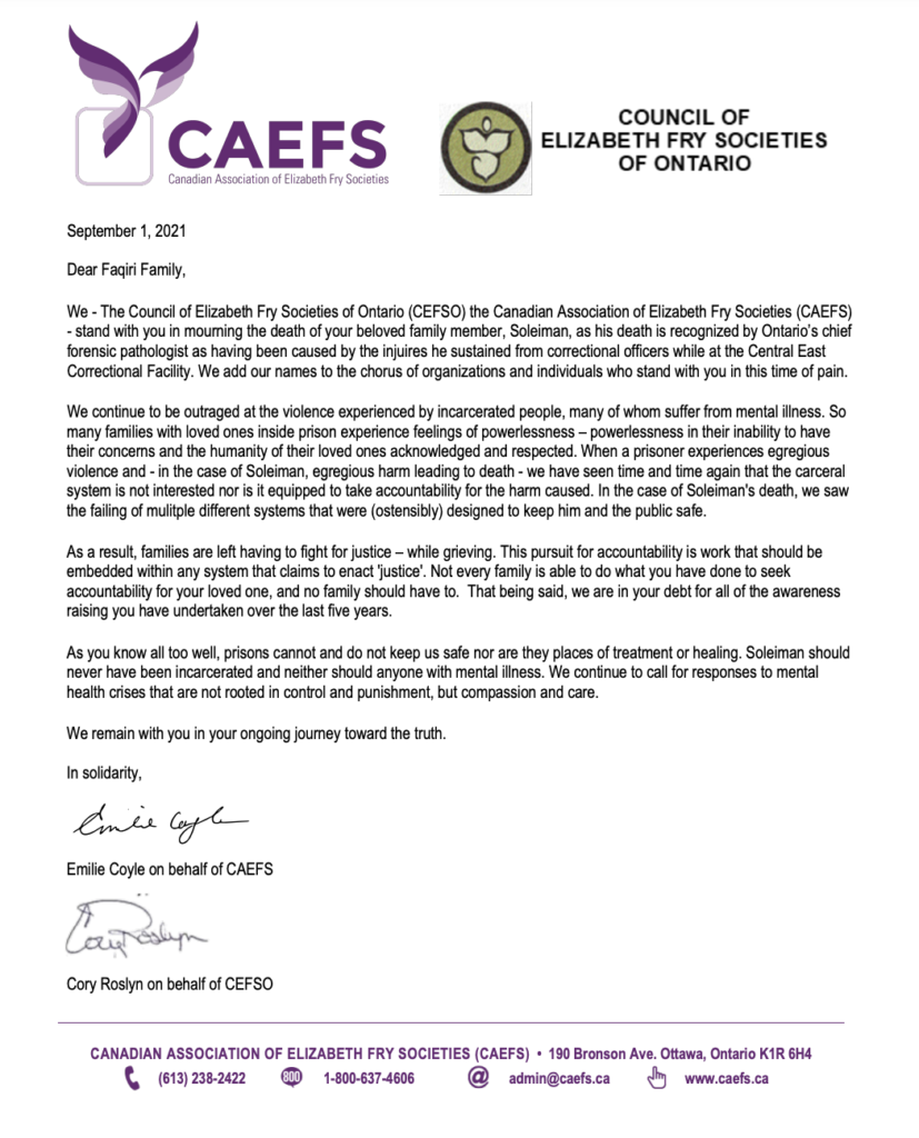 Letter of Solidarity, The Faqiri Family - CAEFS